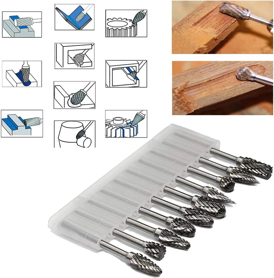 10PCS Long Tungsten Carbide Burr 6x3mm Mata Rotary Porting Tool Wood ...