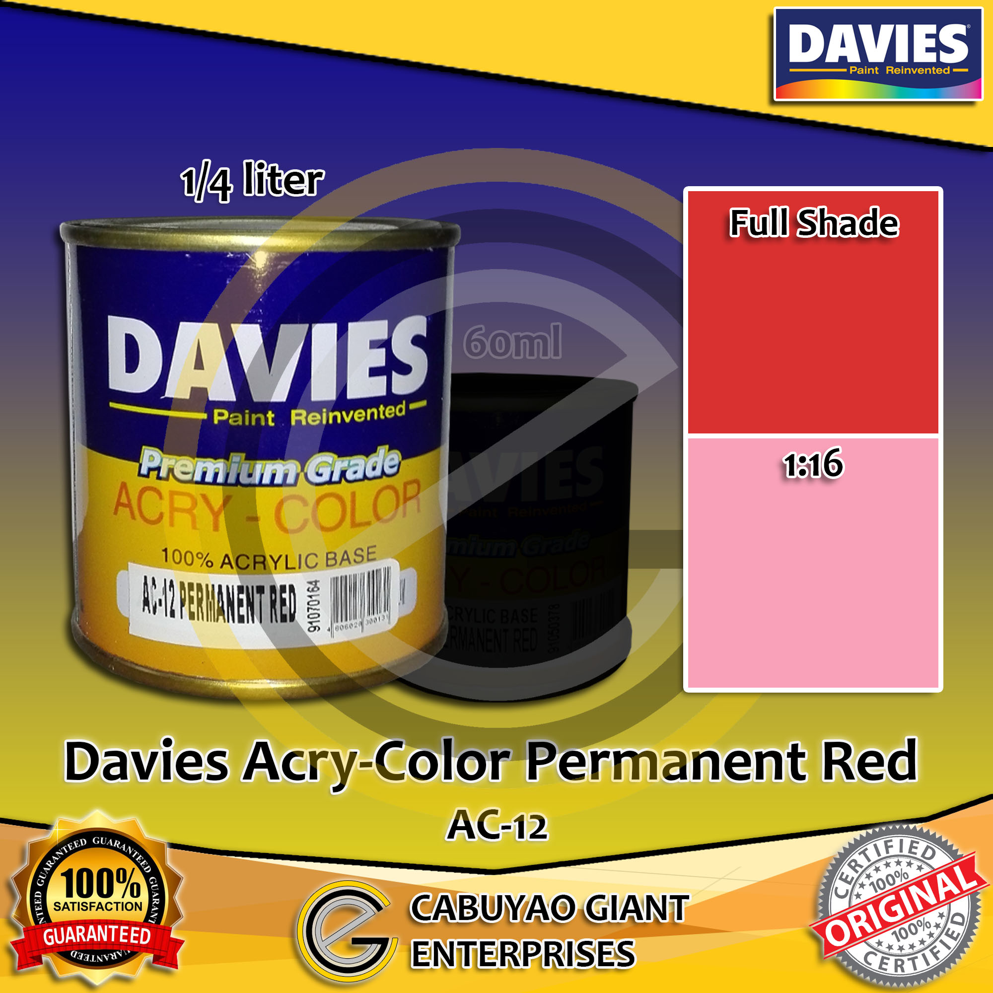 Davies Acry-Color 100% Acrylic Base AC-12 Permanent Red [ 1/4 liter ...