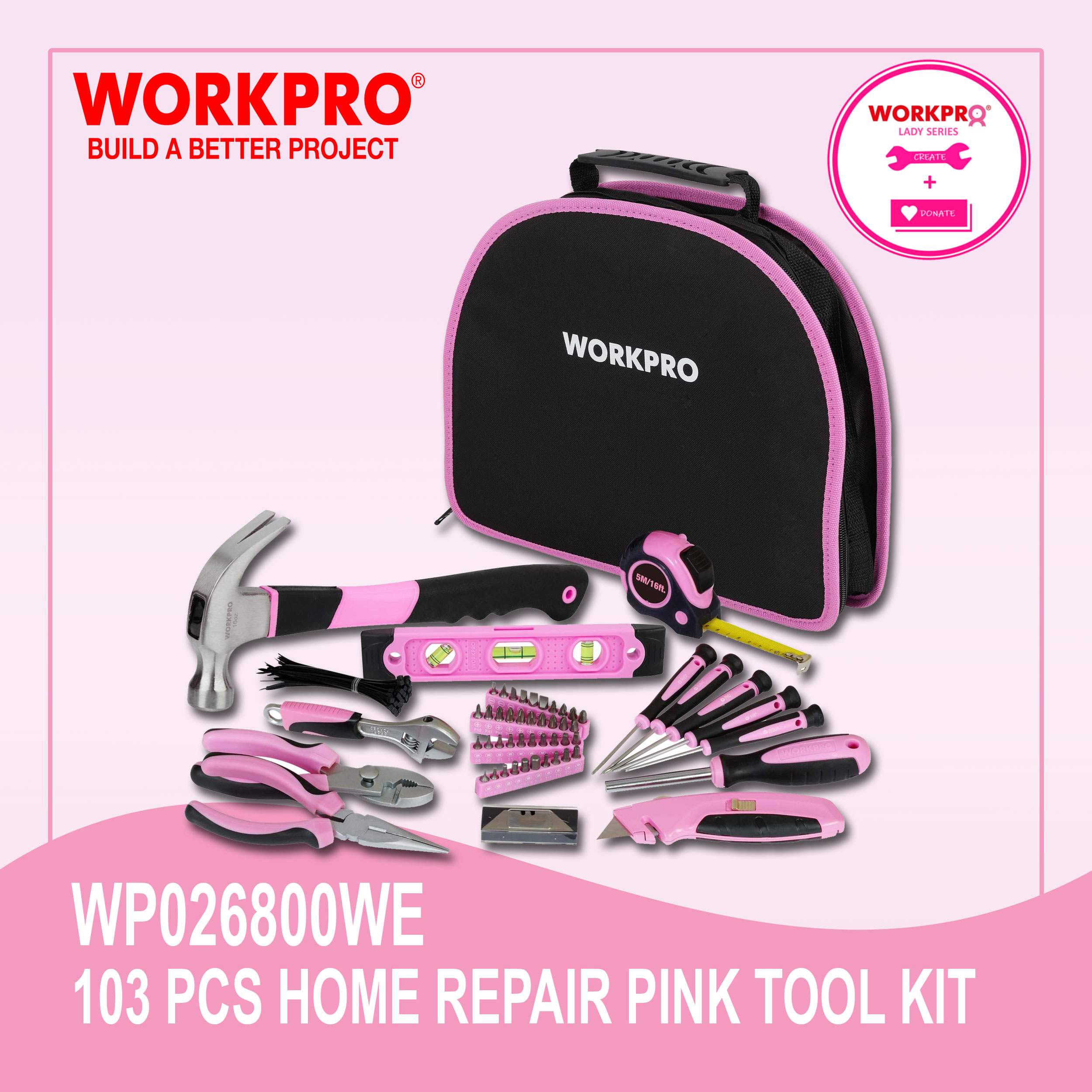 WORKPRO Lady 103 Piece Home Repair Pink Tool Kit WP206800 | Lazada PH