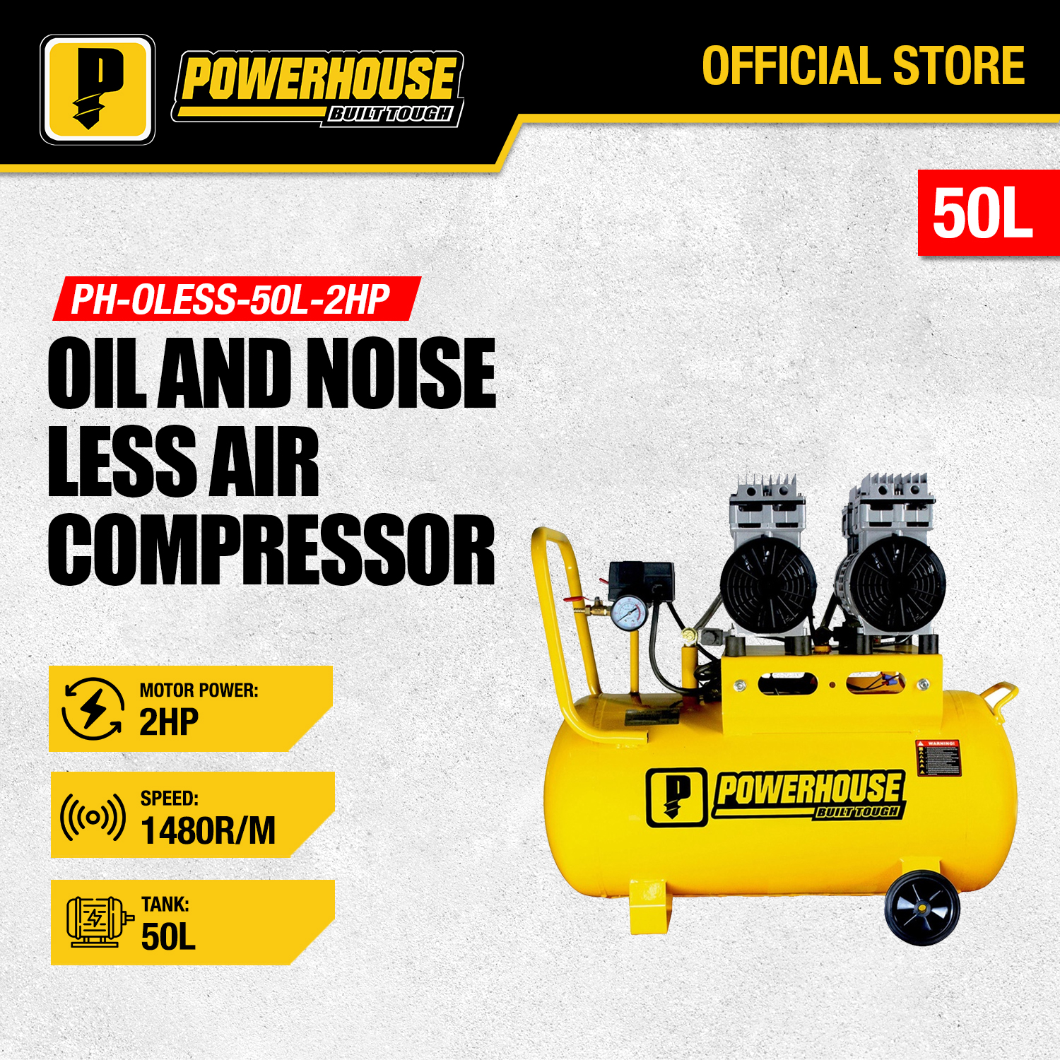 Powerhouse Oil And Noise Less Air Compressor 50Liters 2HP PH-OLESS-50L ...