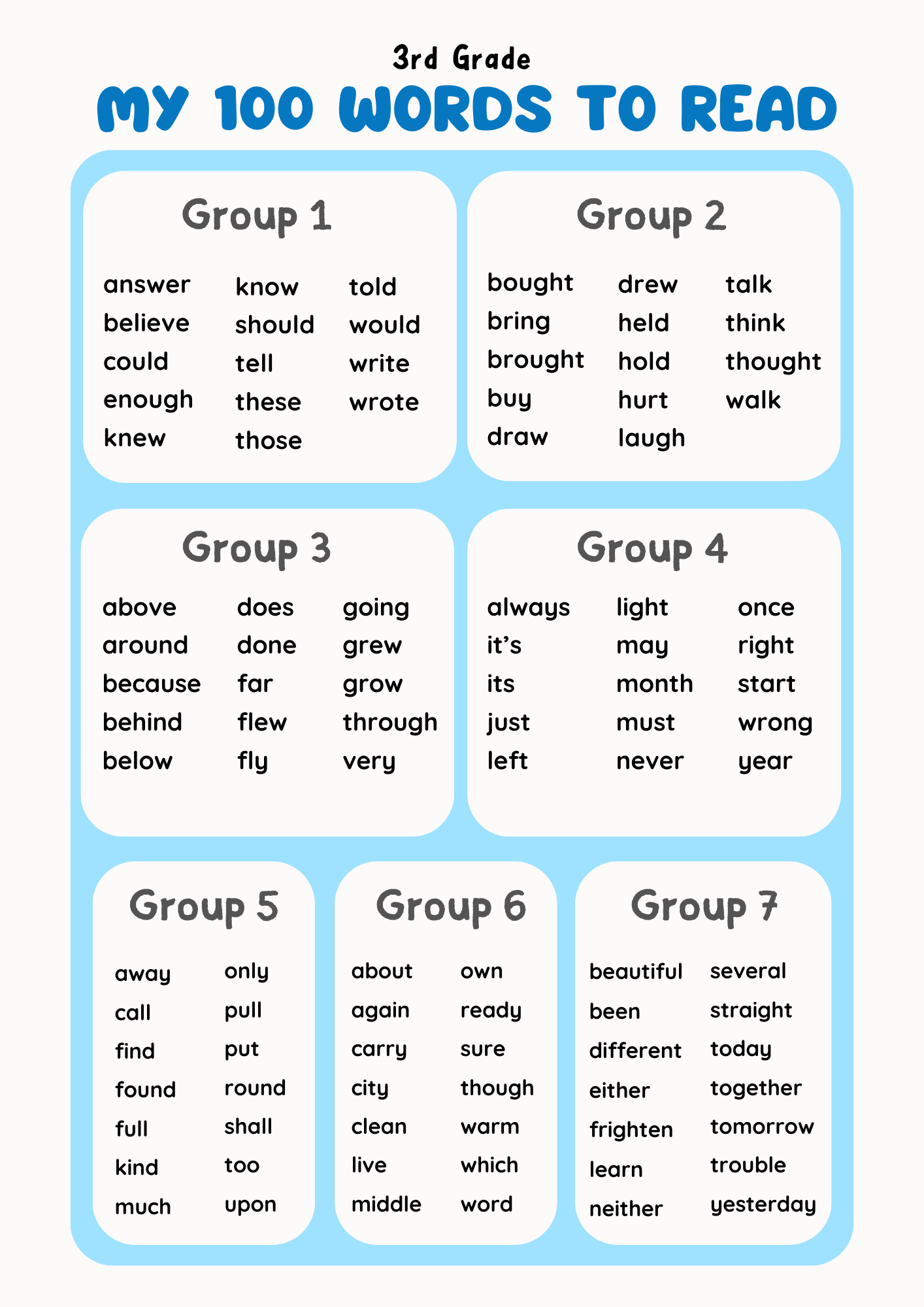 My 100 Words to Read Sight Words Group List - Laminated Reading ...