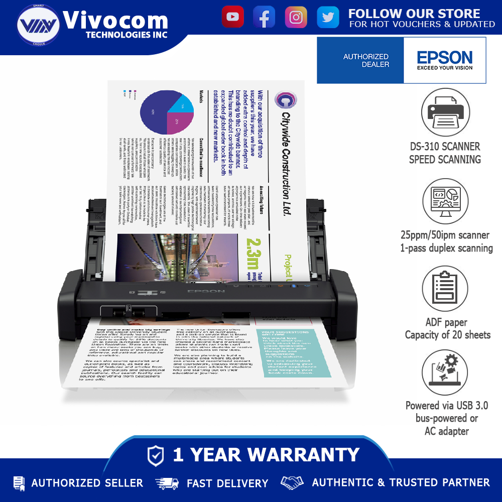 EPSON DS-310 SCANNER SPEED SCANNING EXCELLENCE ON THE GO. | Lazada PH