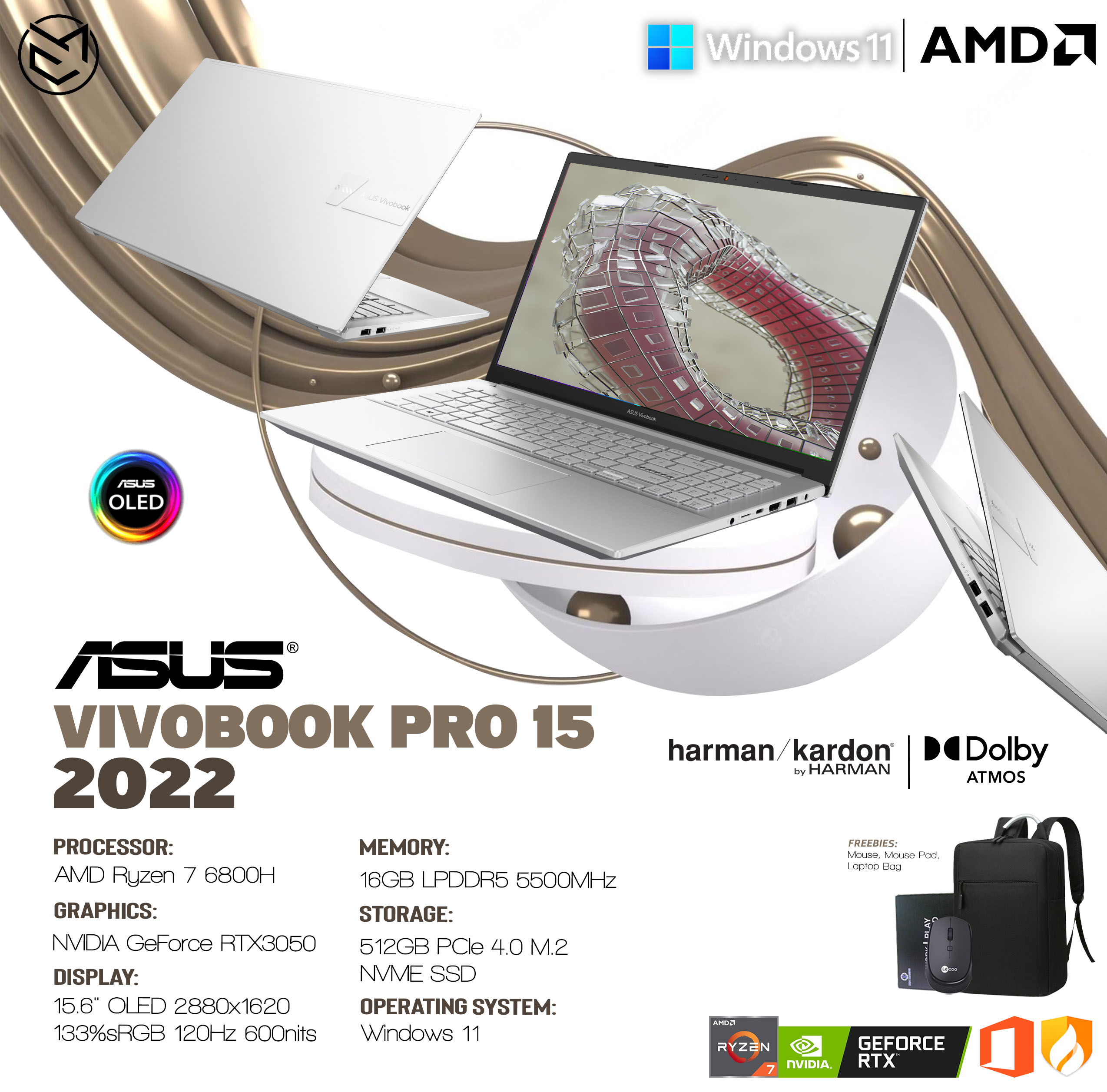 ASUS VIVOBOOK PRO 15 2022 R7-6800H RTX3050 15.6" OLED 2880x1620 133%sRGB 120Hz 16GB LPDDR5 512GB ...