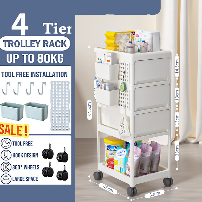 Multilayer Mobile Storage Rack 4 Tier Newborn Simple Trolley Cart ...