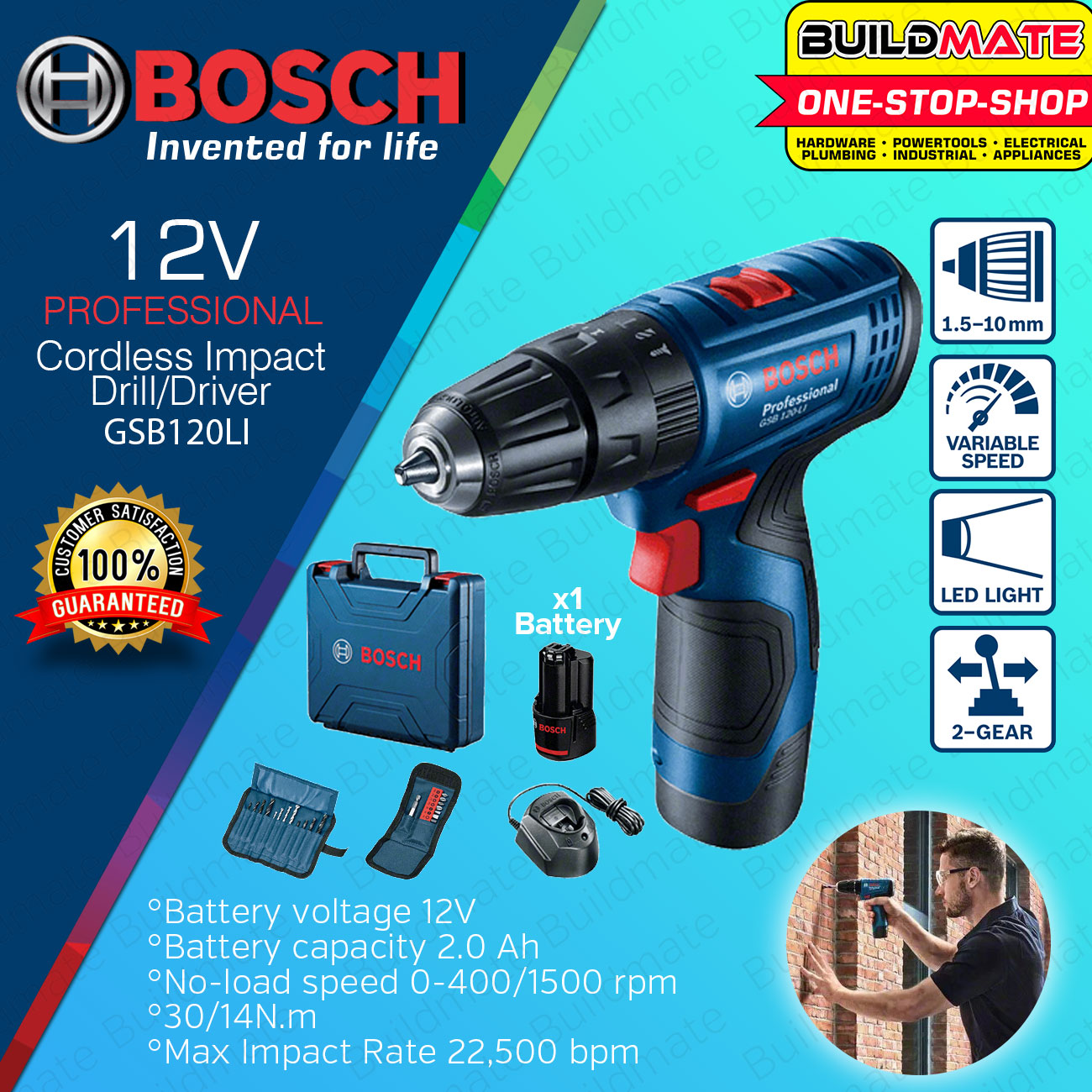 BOSCH Cordless Drill Driver Set 12V With Battery Charger Accessories ...