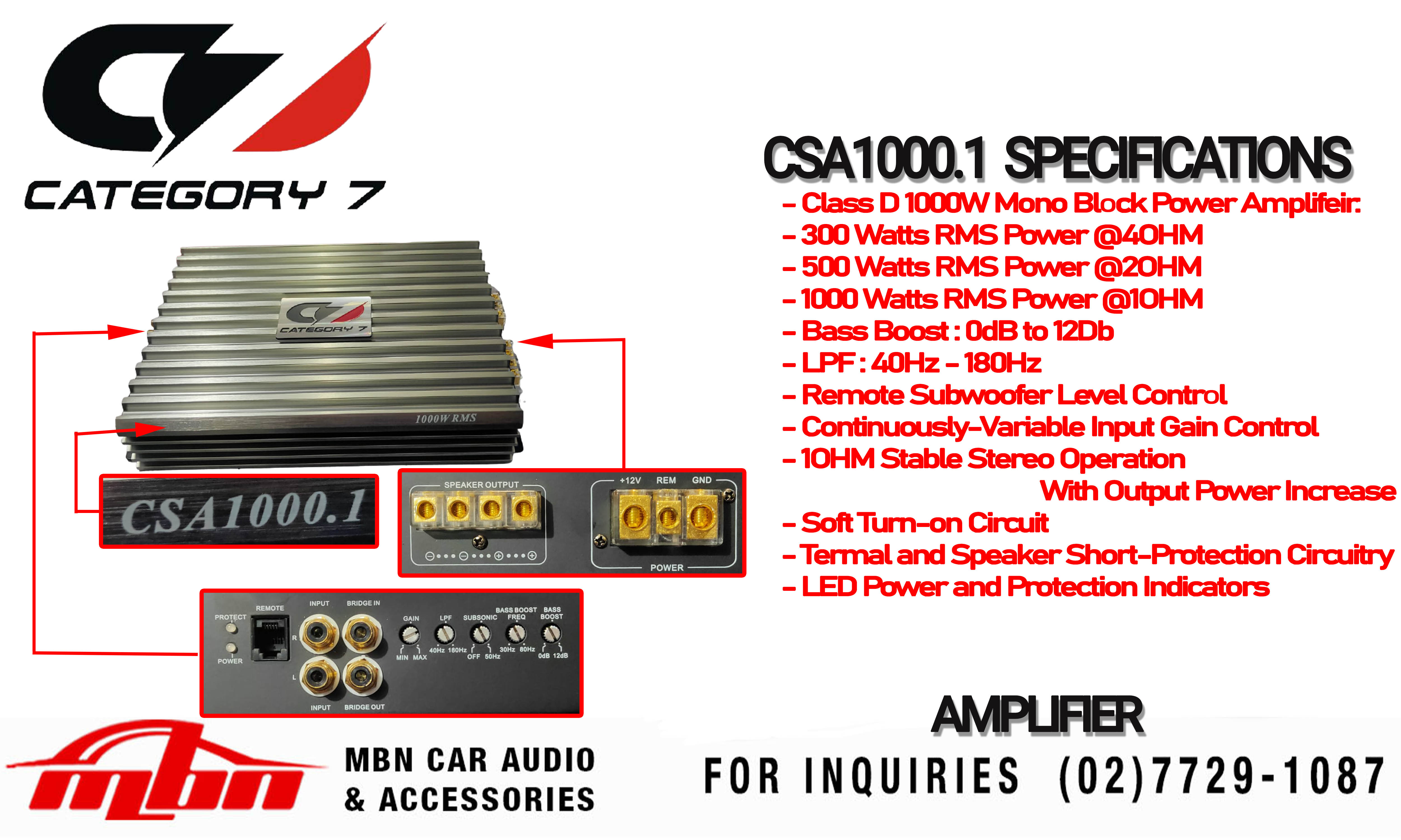 CSA1000.1 Class D Mono Amplifier Category 7, 1000Wrms, Car Audio System Mono Amplifier for ...