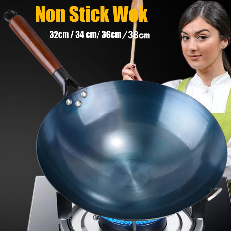 32/34/36/38 cm Wok Pan Non Stick Black Carbon Steel Wok for Gas Stove ...