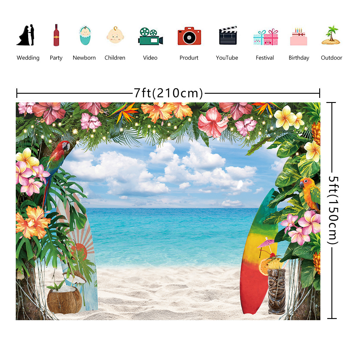 Beach Party Decorations 7x5ft Summer Hawaiian Beach Backdrop Aloha Blue ...