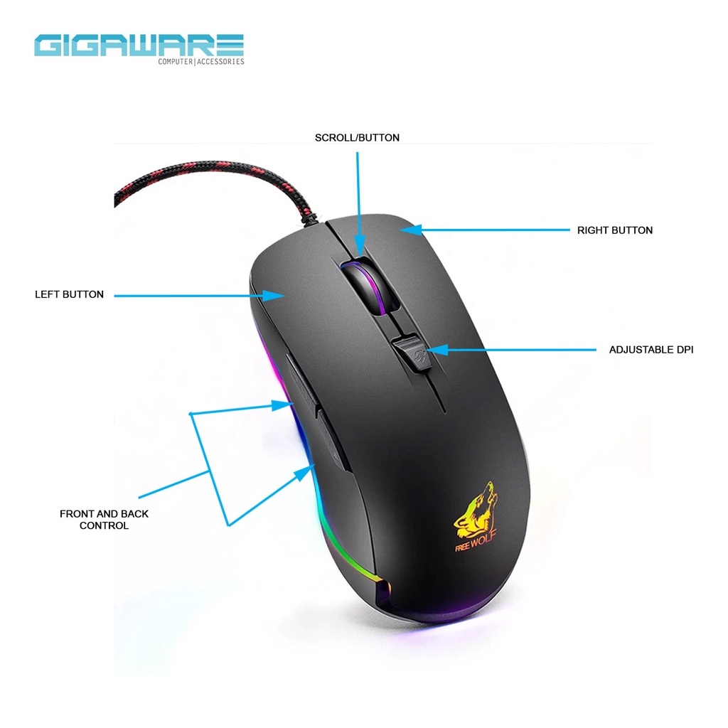 【LazM】 Gigaware Free Wolf V6 6-Buttons RGB Light Gaming Mouse | Lazada PH