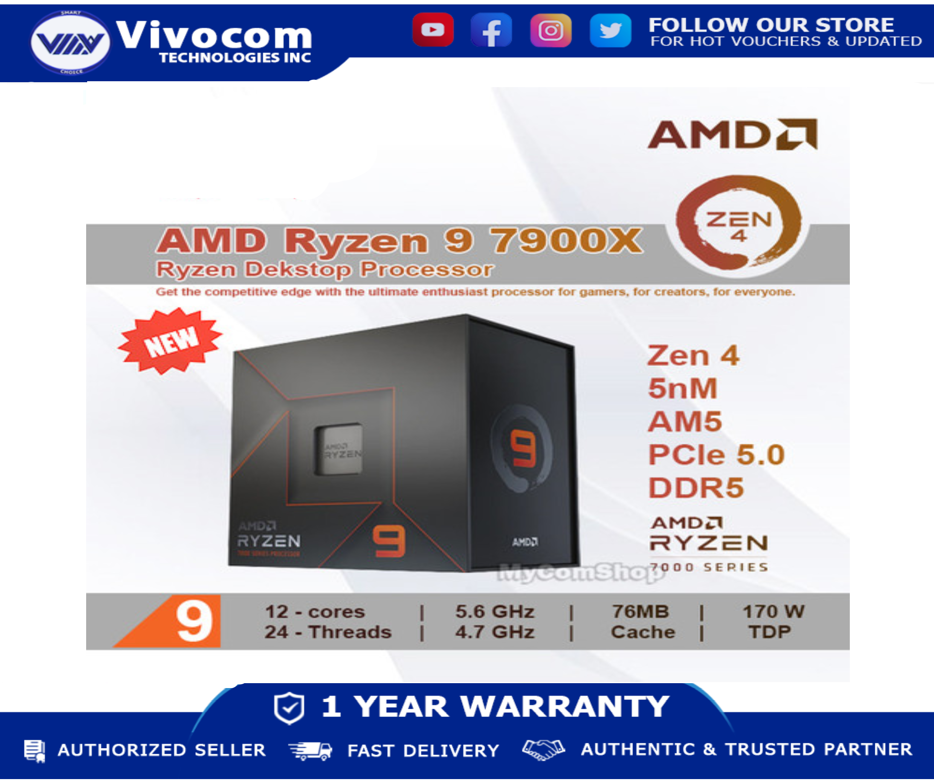 [BRAND NEW] AMD Ryzen 9 7900X 12-Core, 24-Thread Desktop Processor ...