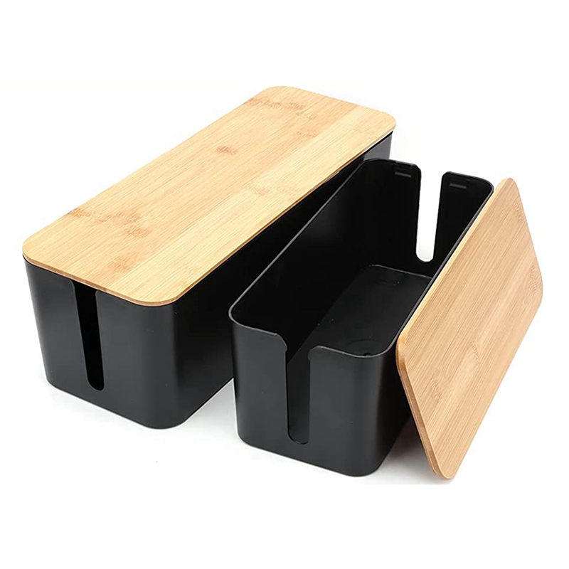 2 Pack Cable Management Box Large & Medium Bamboo Cable Cord Organizer ...