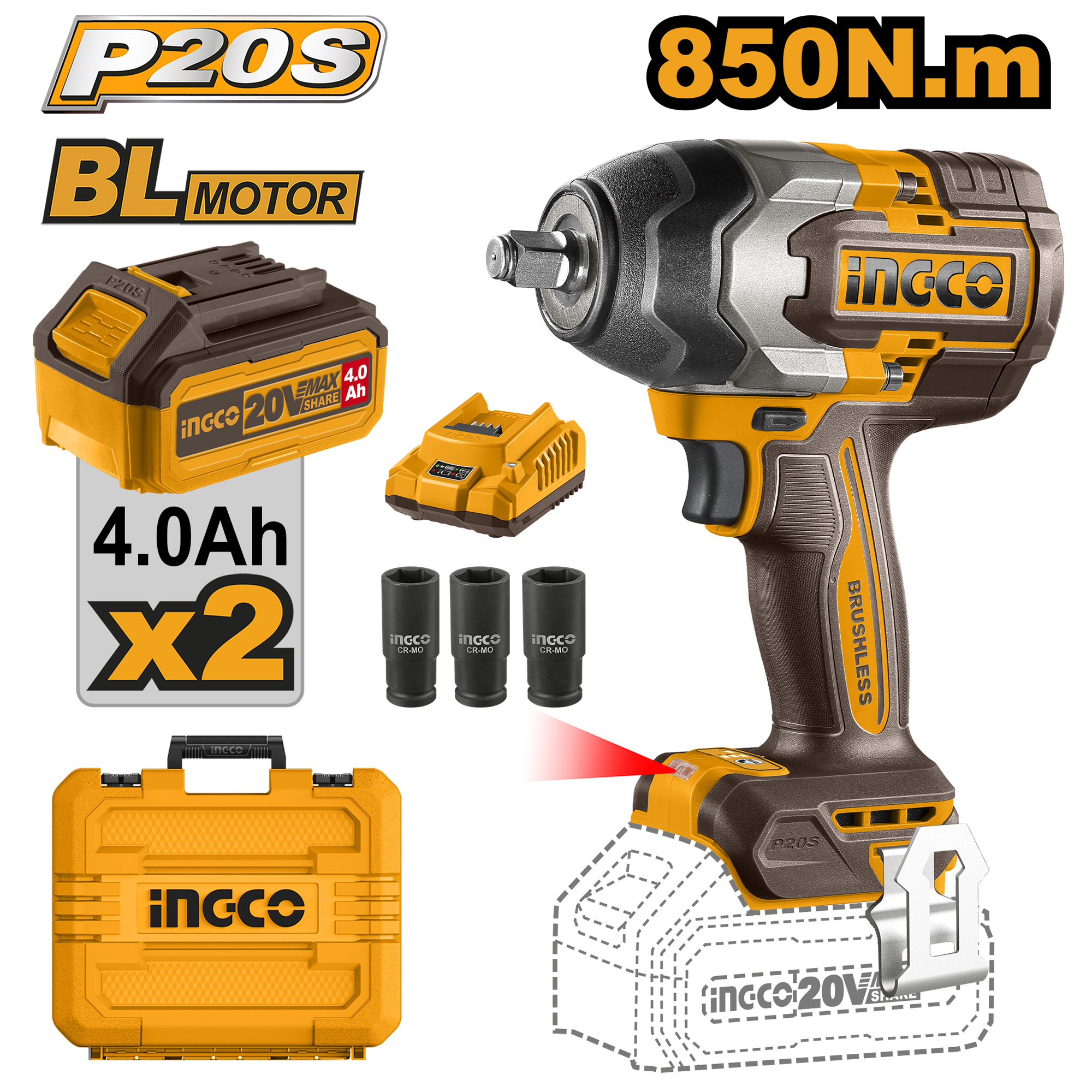 Ingco 20V Lithium-Ion Cordless Impact Wrench Brushless Motor CIWLI2038 ...