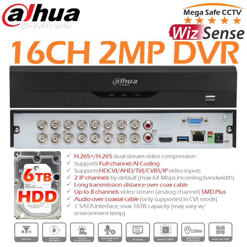Dahua DH-XVR4116HS-I 16-Channel 2MP 1080p H.265 Pentabrid Wizsense DVR ...
