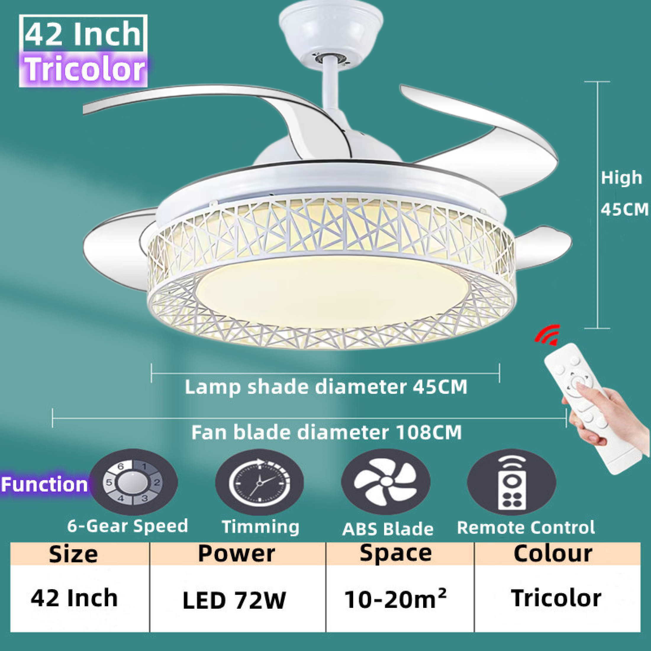 KASIDA 42inch ceiling fan with light remote control Invisible ceiling ...