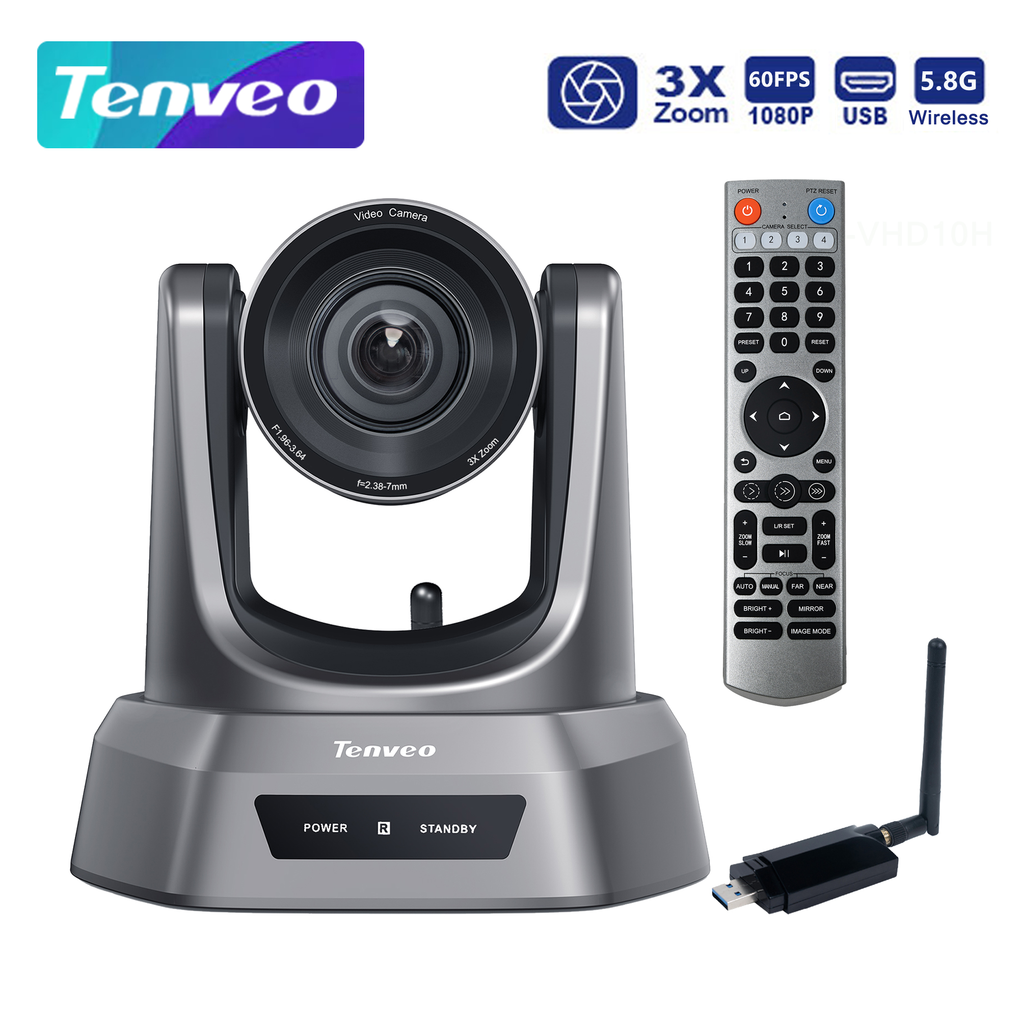 Tenveo USB3.0/5.8G Wireless PTZ Conference Camera 1080P 60fps 3x Zoom ...