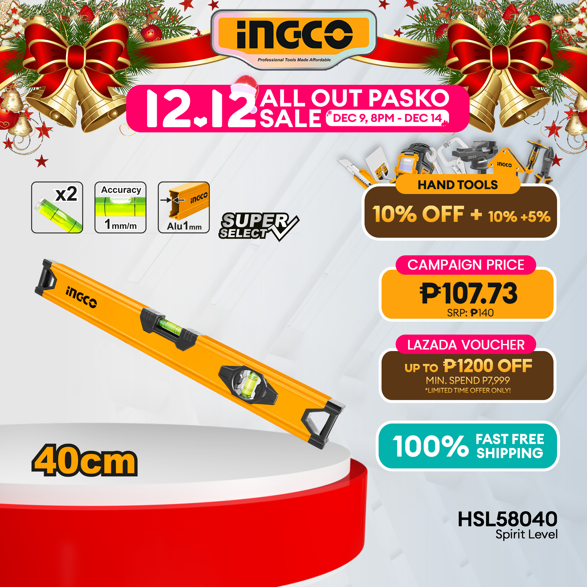 Ingco Spirit Level Leveling Tool 40CM-60CM HSL58040 / HSL58060 IHT ...
