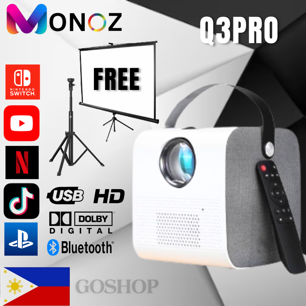 (MONOZ) Projector Q3 Pro with Stand and Screen 4K UHD Projector ...