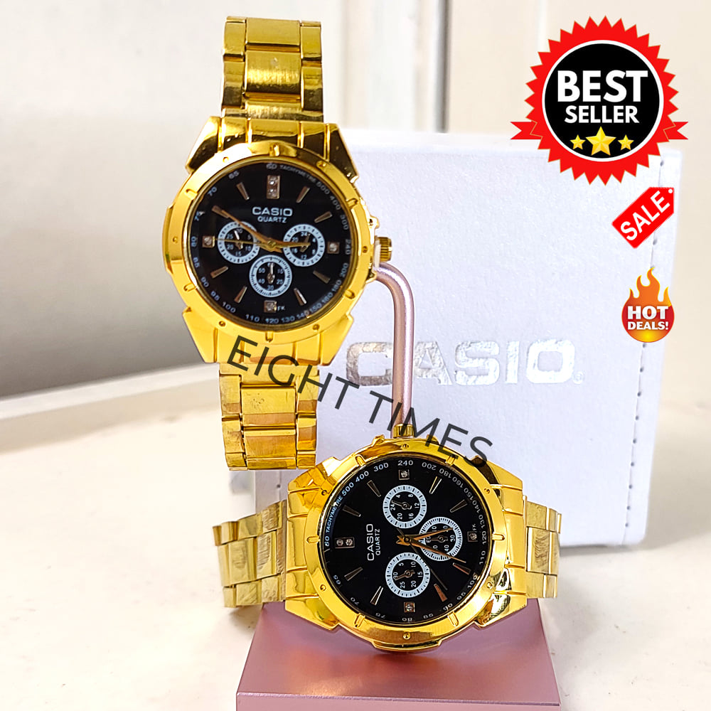 Casio Quartz Gold Black Dial Triple Chrono Stainless Steel Couple Watch ...