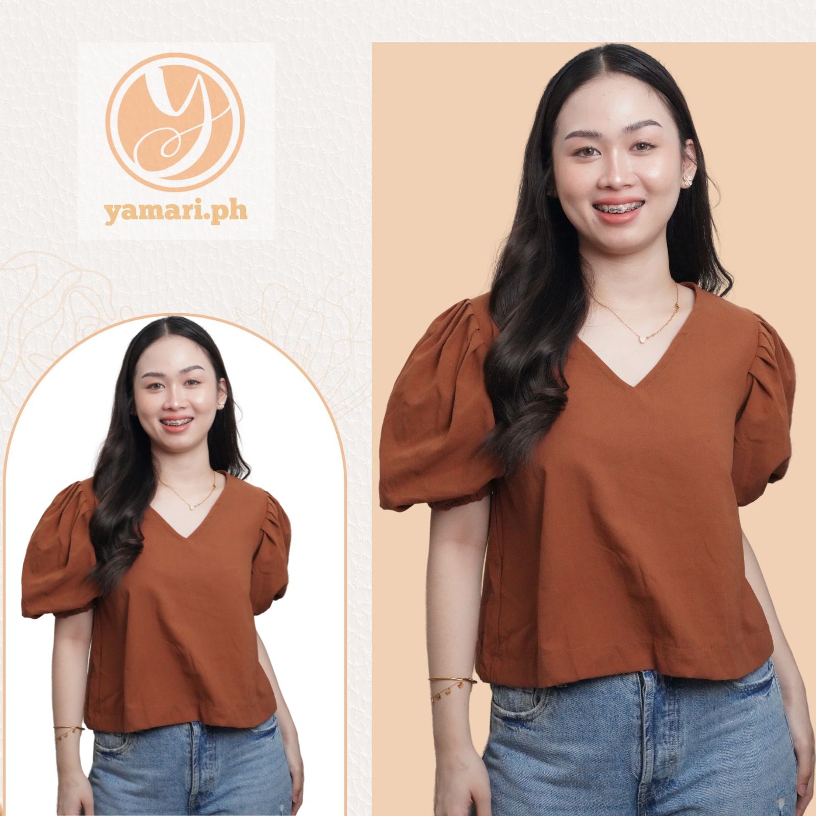 Yamari.PH Melissa V Neck Puff Sleeve Linen Top | Lazada PH