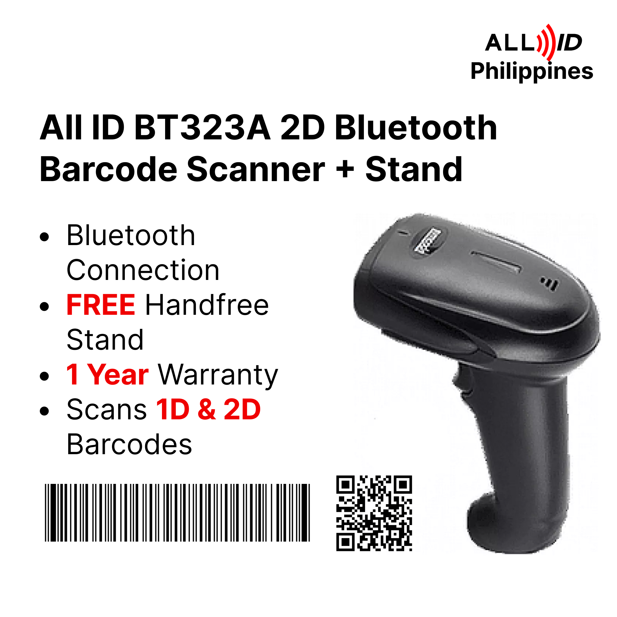 All ID BT323A 2D Bluetooth Barcode Scanner | Lazada PH