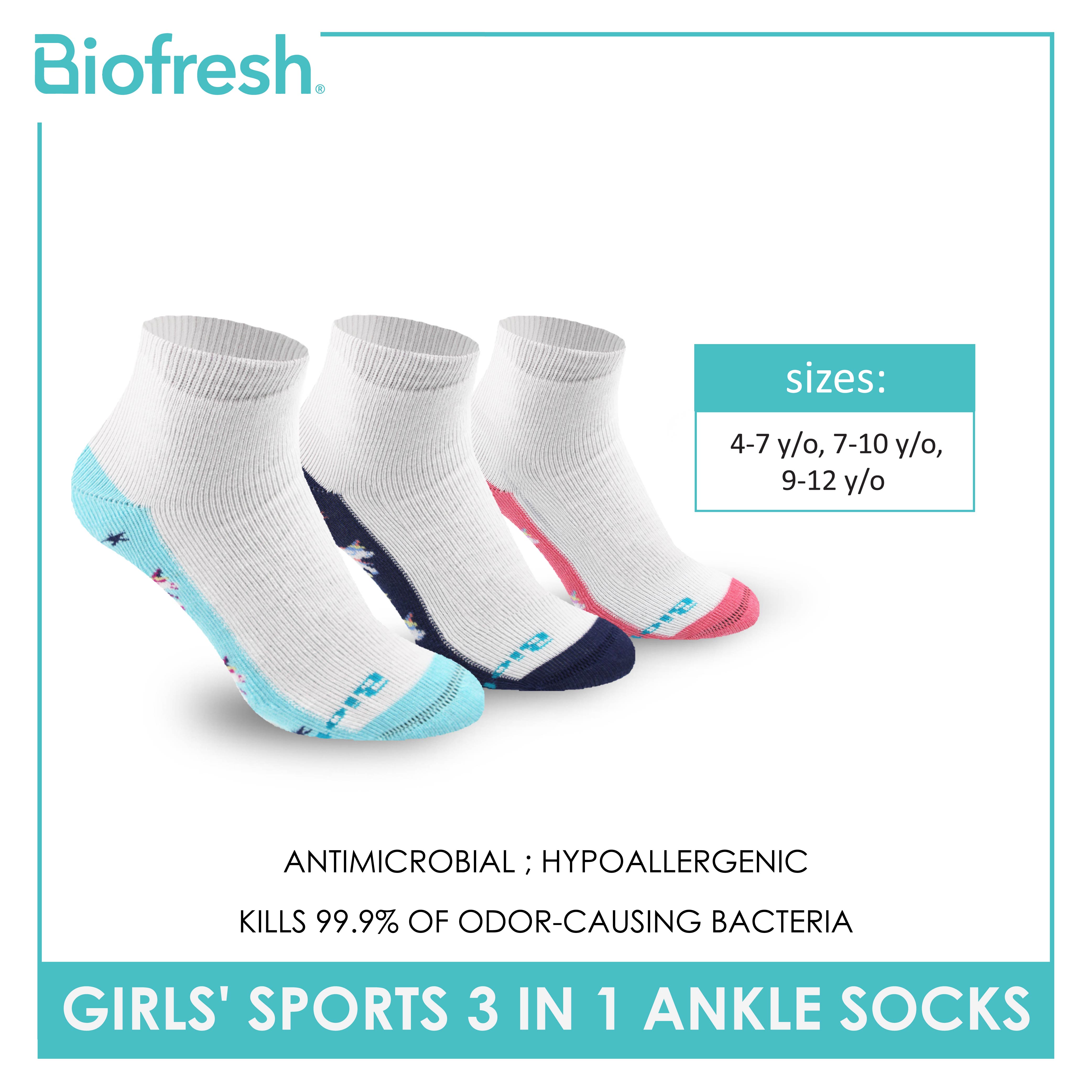 Biofresh Girls’ Antimicrobial Cotton Thick Sports Ankle Socks 3 pairs ...