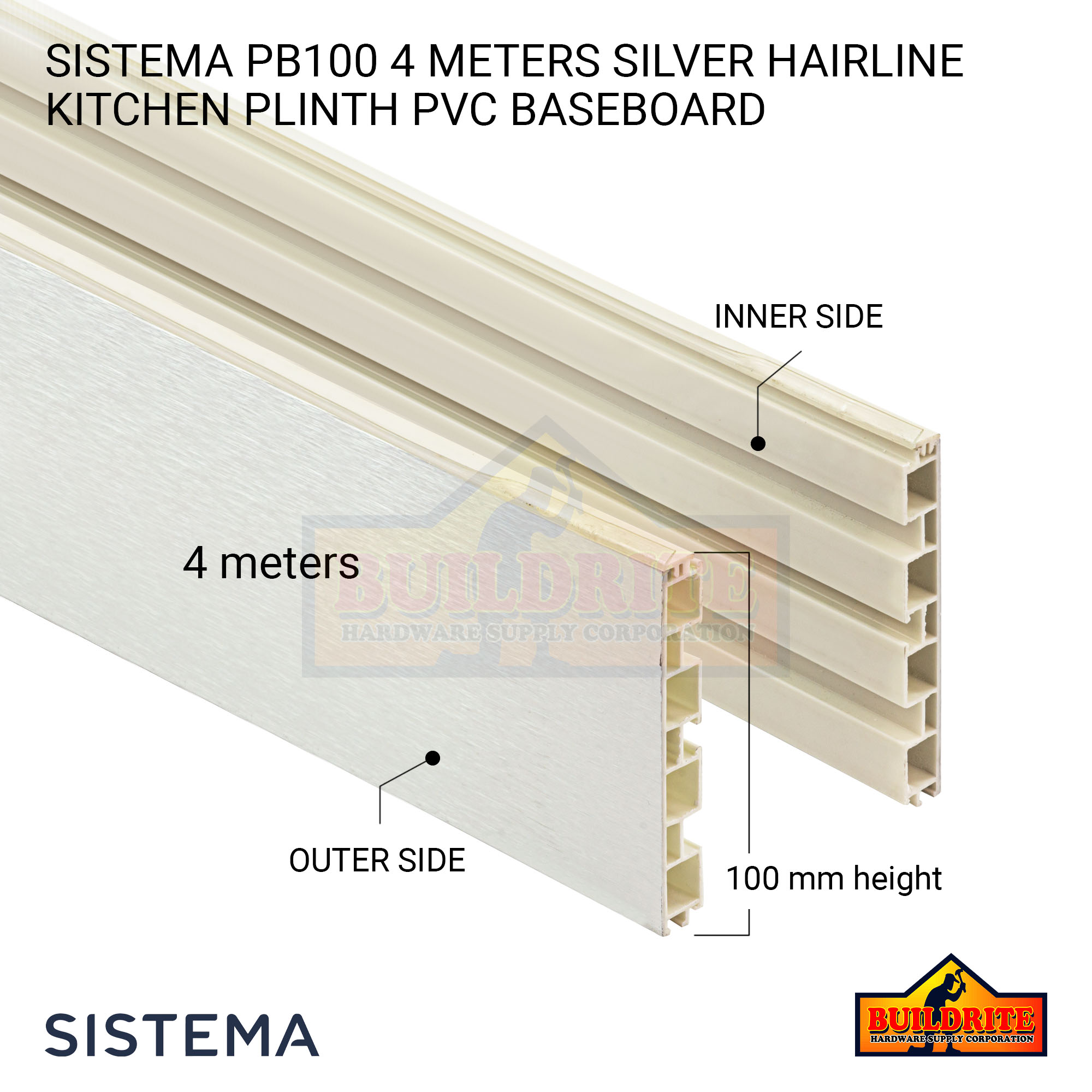 Sistema PB100 4M 100mmX4meters Silver/Hairline PVC Baseboard For ...