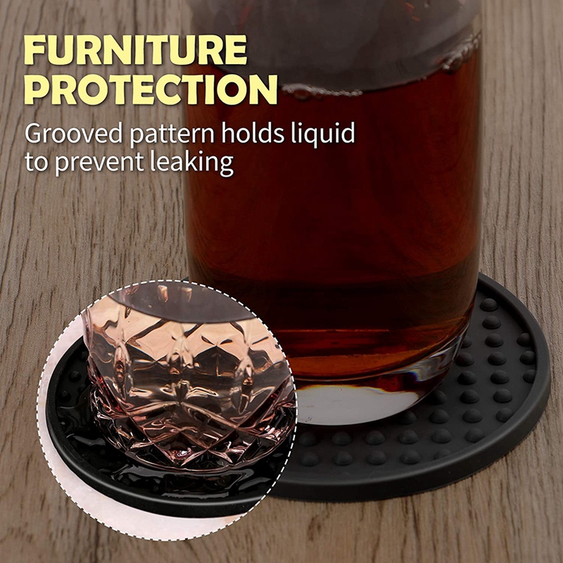 Black Round Silicone Rubber Drink Coasters (Set of 6) Non-Slip Perfect ...
