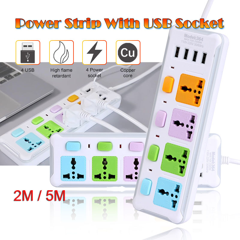 Multi Function Socket 2m 5m Us Plug 4 Power Socket Strip With Individual Switch 4 Usb Ports Max