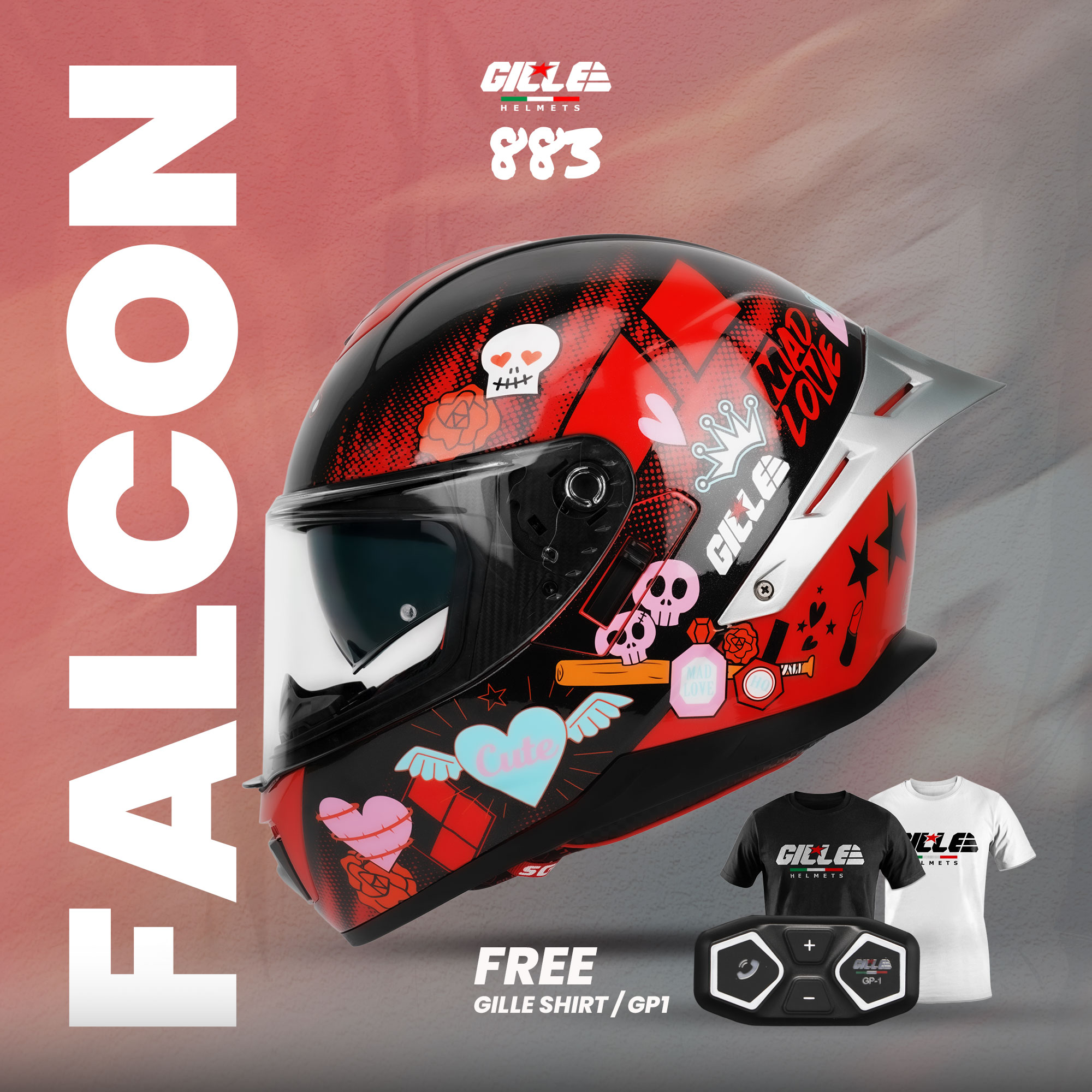 Gille Helmet 883 FALCON DARK RED Motorcycle Helmets Full Face Dual Visor Free Iridium Lens ...