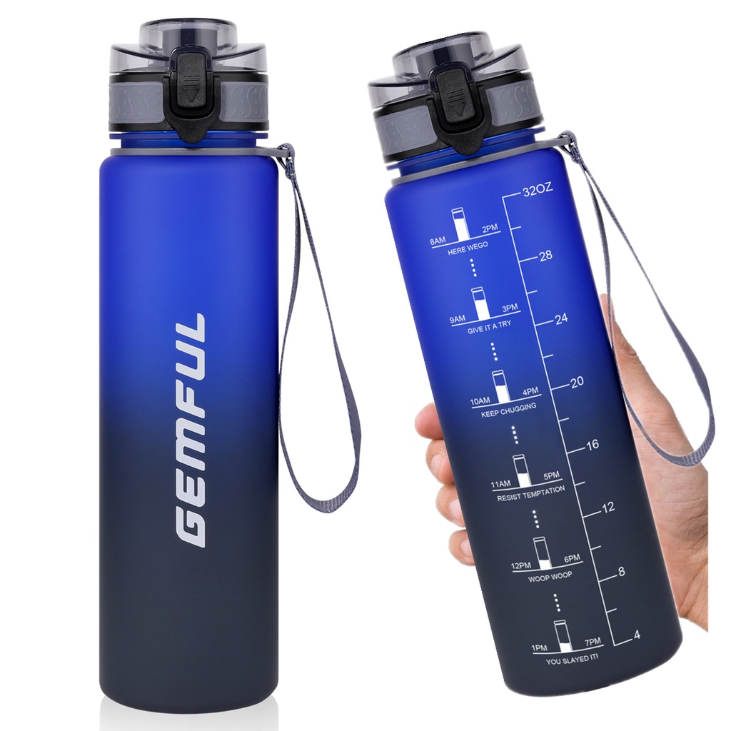 Gemful 1 Liter Water Bottle With Motivational Time Marker BPA Free