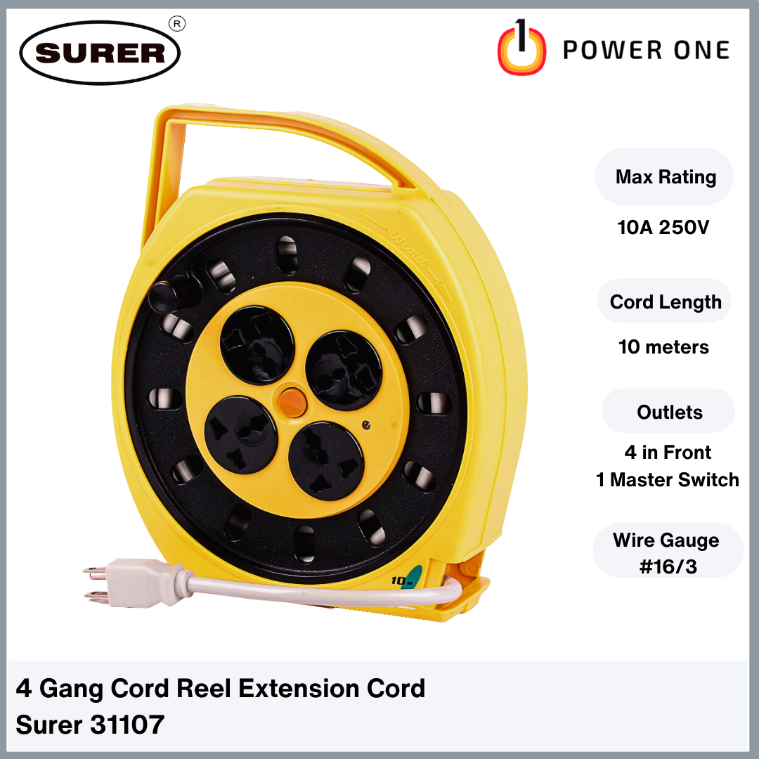 Surer 31107 4 Gang Cord Reel Extension Cord (10 meter Gauge 16 Cord ...