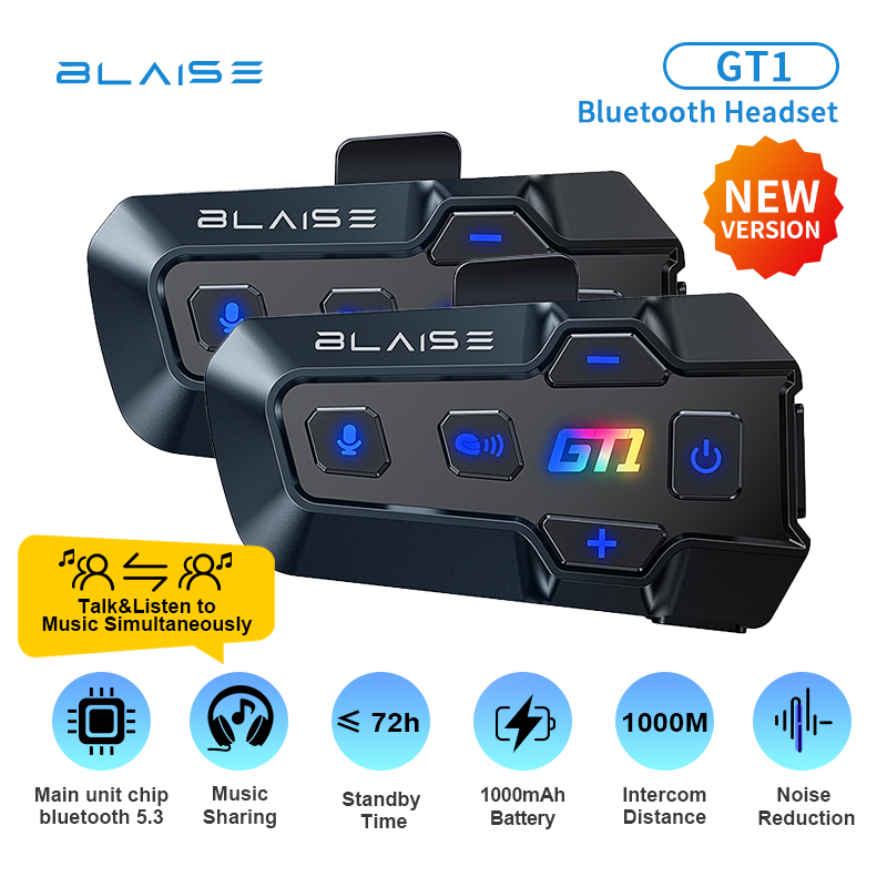 Blaise GT1 Helmet Intercom Headset Music Sharing For 2 Riders with 1000 ...