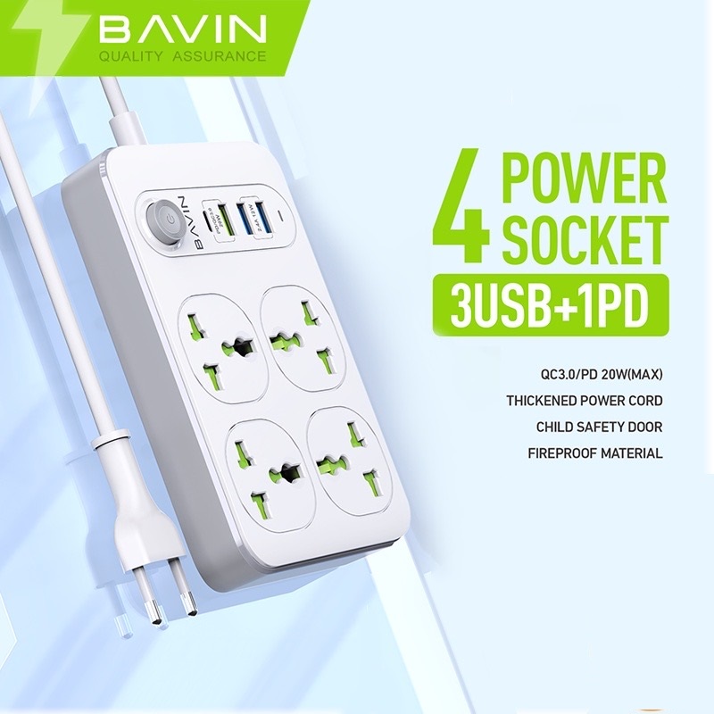 BAVIN PC803 Universal Fast Charging HUB Extension w/ 4 Socket 3 QC3.0 USB Port + 20W PD Fast ...