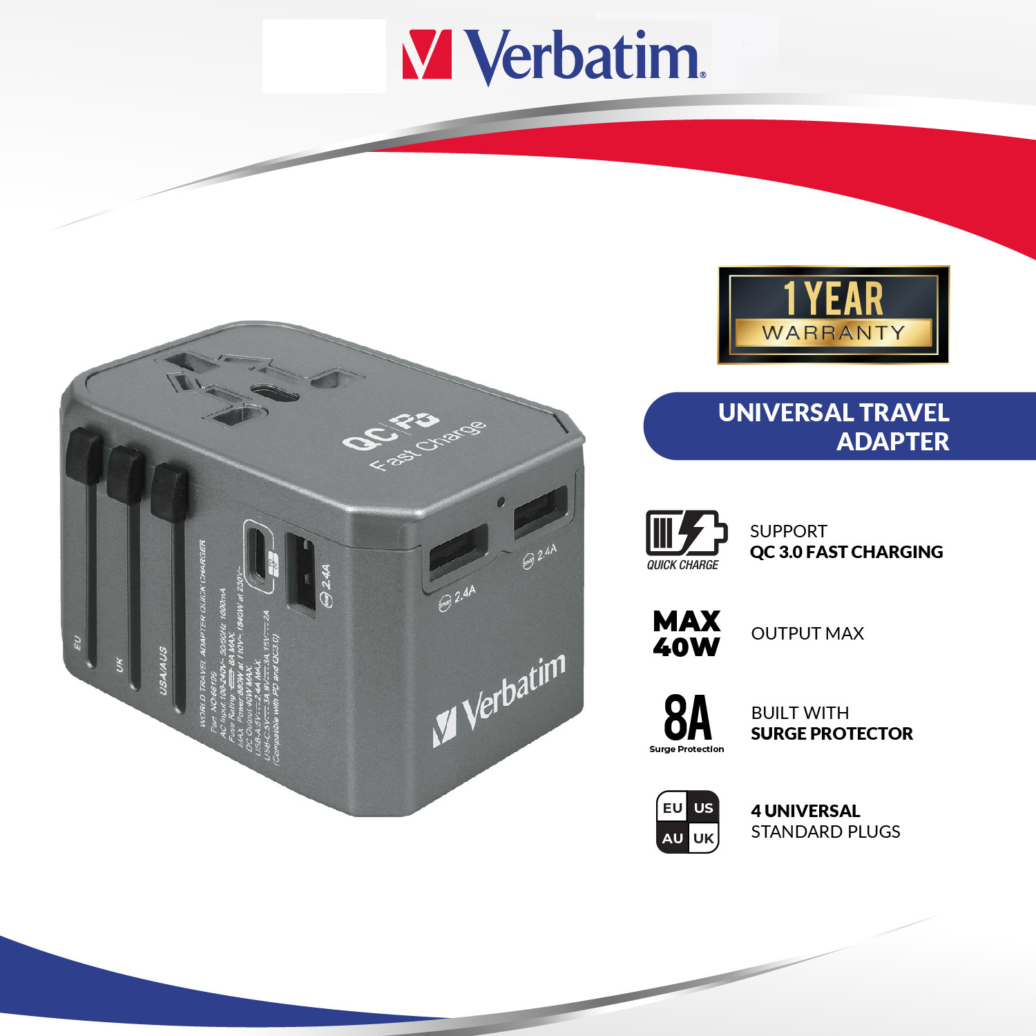 Verbatim 4 Port Universal Travel Charger Adapter Type C Port USB Port ...