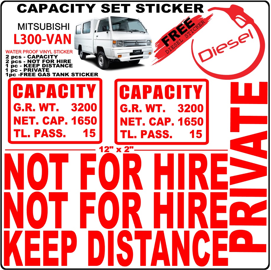 MITSUBISHI L300 VAN CAPACITY STICKER SET NOT FOR HIRE / KEEP DISTANCE ...
