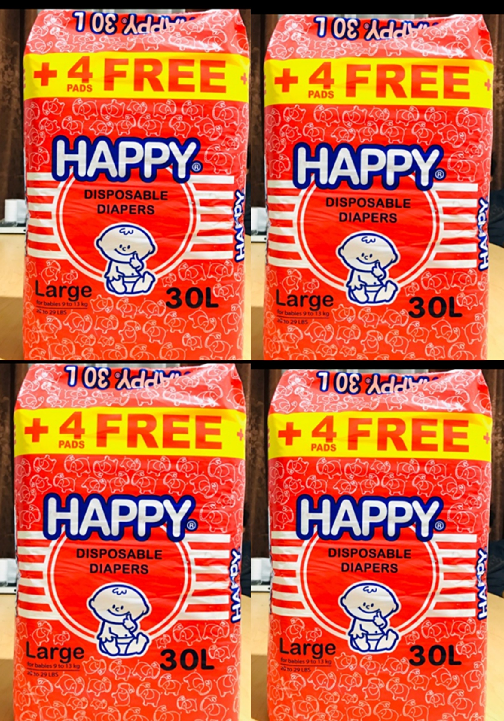 HAPPY Diaper Taped size Large 30 's X 4 pack, (120 pcs) . Happy to see ...