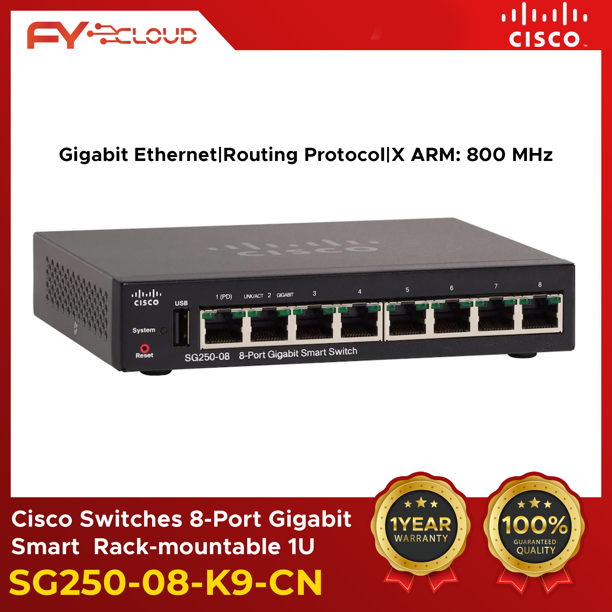 Cisco Switch SG250-08-K9-CN|8-Port Gigabit Smart Switch|1 x 1000Base-T RJ-45 PoE / uplink | 1 x ...