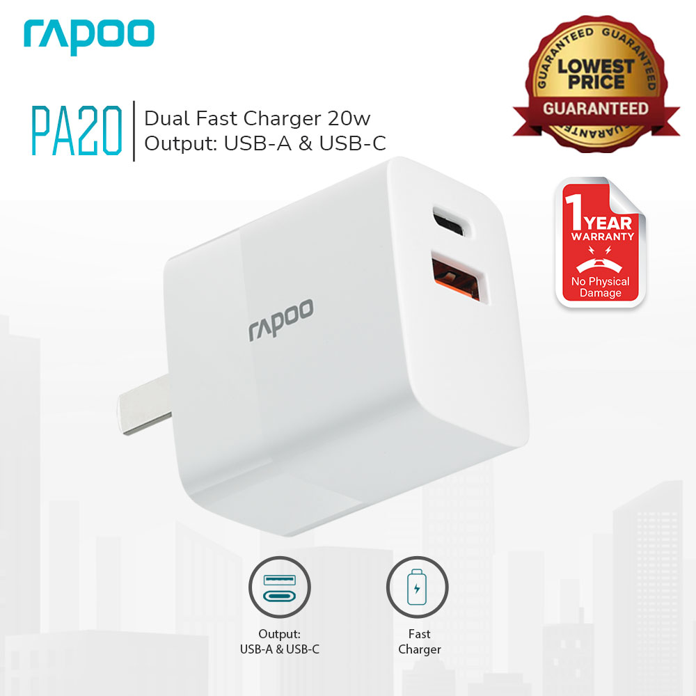 Rapoo Pa20 20 Watts Dual Charger Port Output: USB-C & USB-A Charger for ...