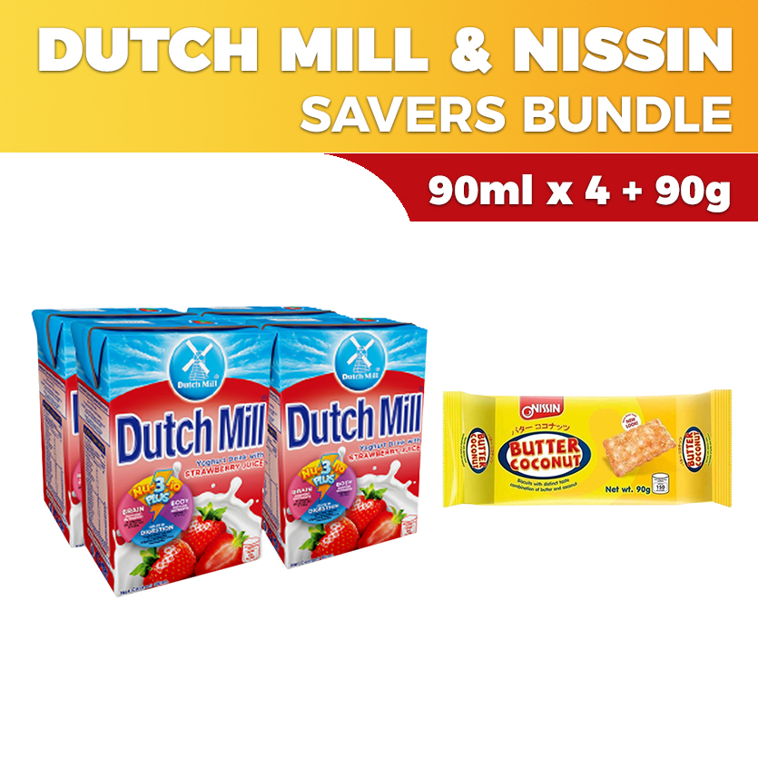Dutch Mill UHT Yoghurt Drink Strawberry Saverspack 90ml x 4 brick + Nissin Butter Coconut Slugs ...
