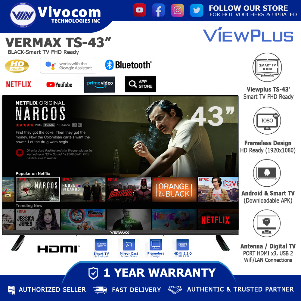 Viewplus (Vermax) TS-43-BLACK 43'' Smart TV FHD Ready (1920*1080), HDMI 2 2.0 & USB 2 2.0 ...