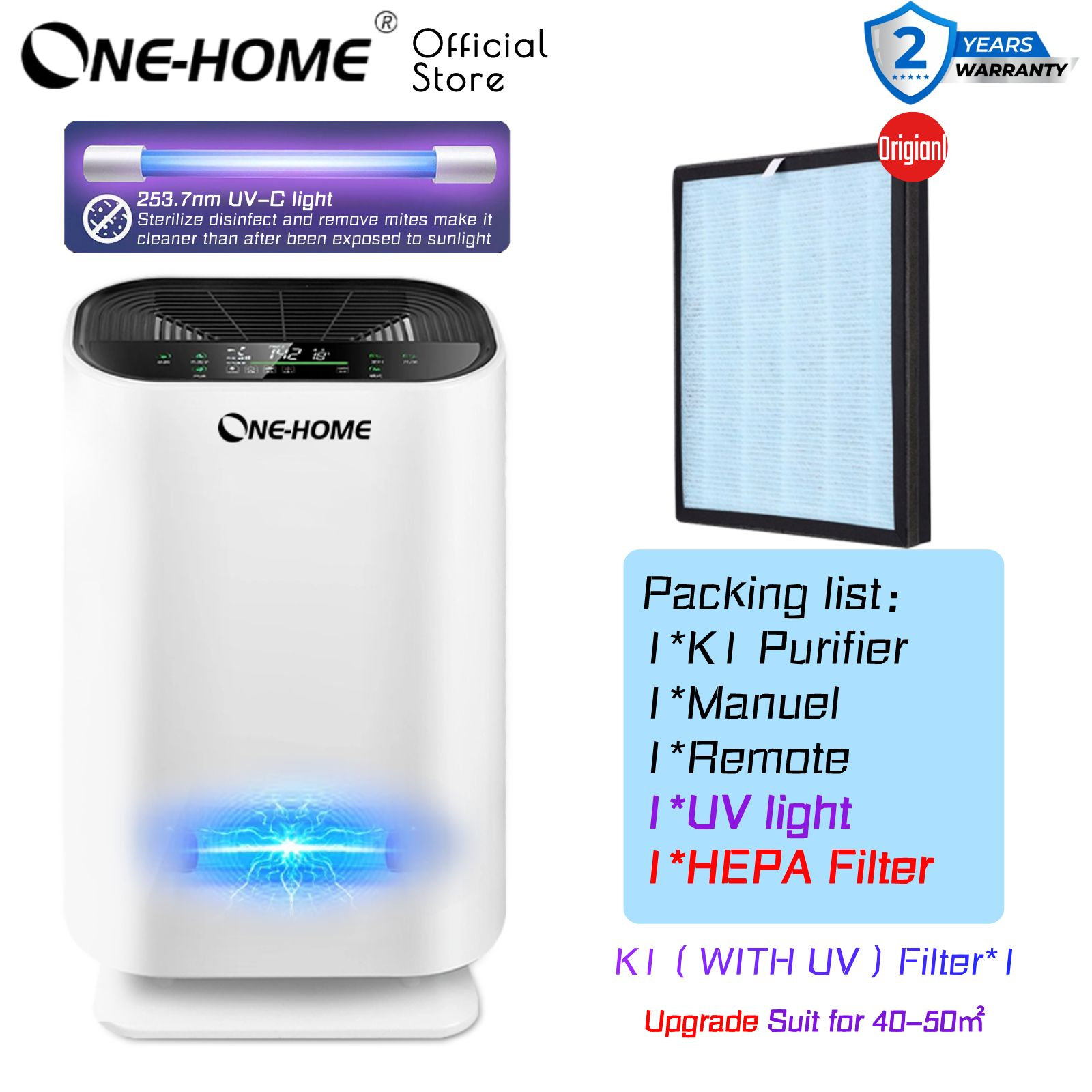 ONE HOME Smart Air Purifier with UV-C Sterilization Anti-smog Filter ...