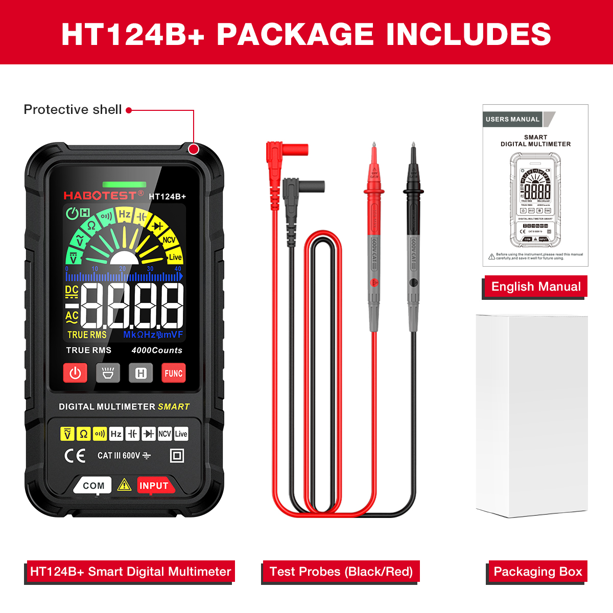 HABOTEST HT124 Smart Digital Multimeter 600V AC/DC Voltmeter 4000 ...