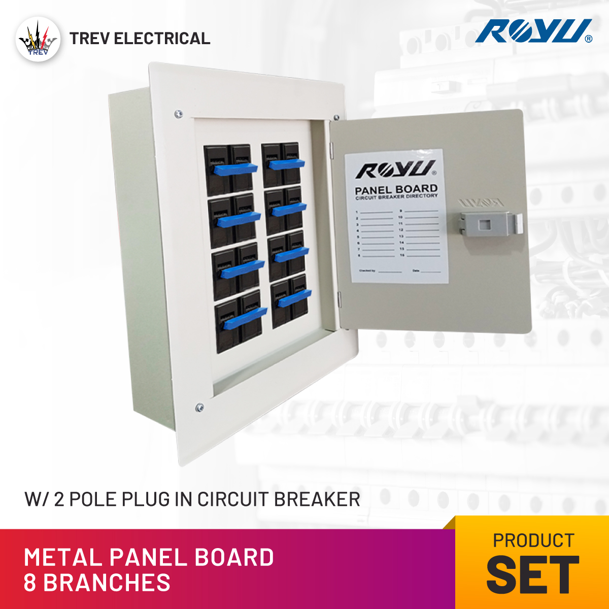 TREV PRODUCT SET Royu Panel Box 8 Branches w/ 2pole Circuit breakers ...