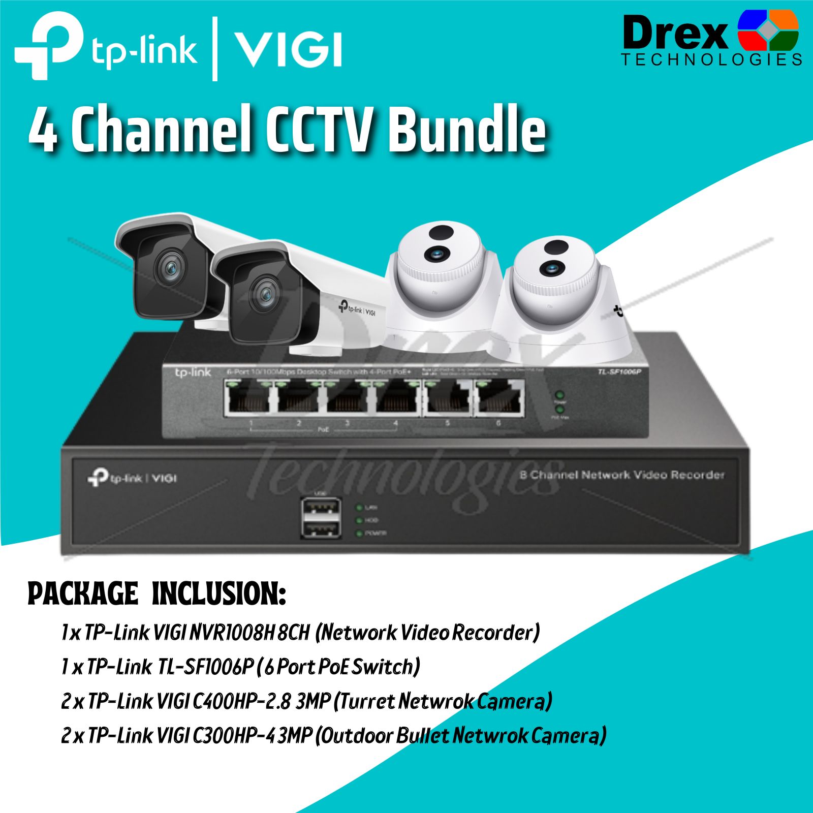 TP-LINK VIGI 4Channel CCTV Bundle With 8Channel NVR, 2pcs 3MP Bullet ...