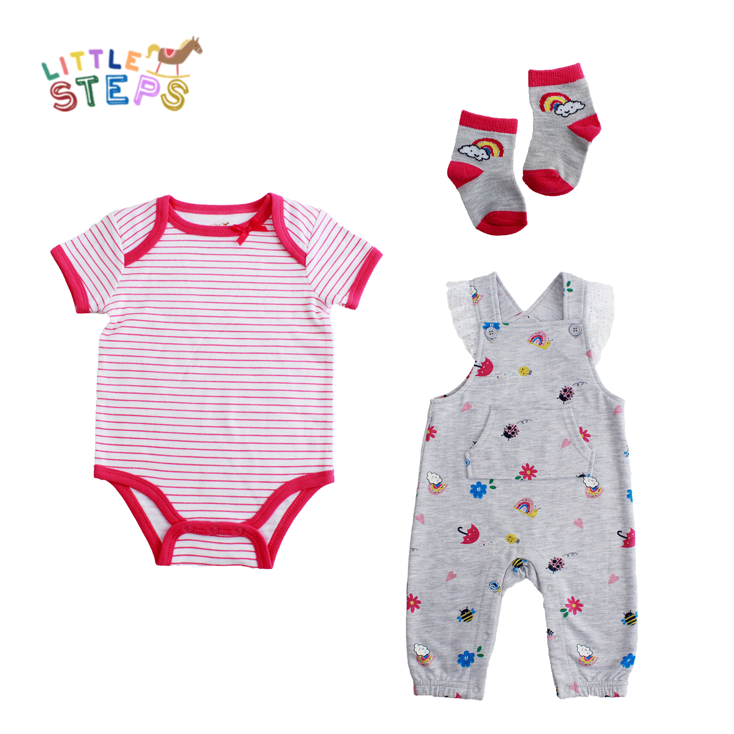 Little Steps baby girl clothes 3-piece bodysuit, overall, and socks set ...