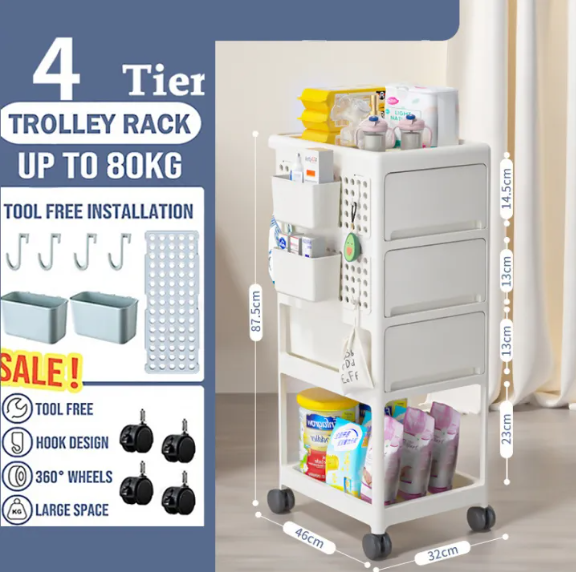 Baby Supplies Storage Rack Organizer Shelf 4 Tier Drawer Cabinet with Wheel Basket Trolley Cart ...