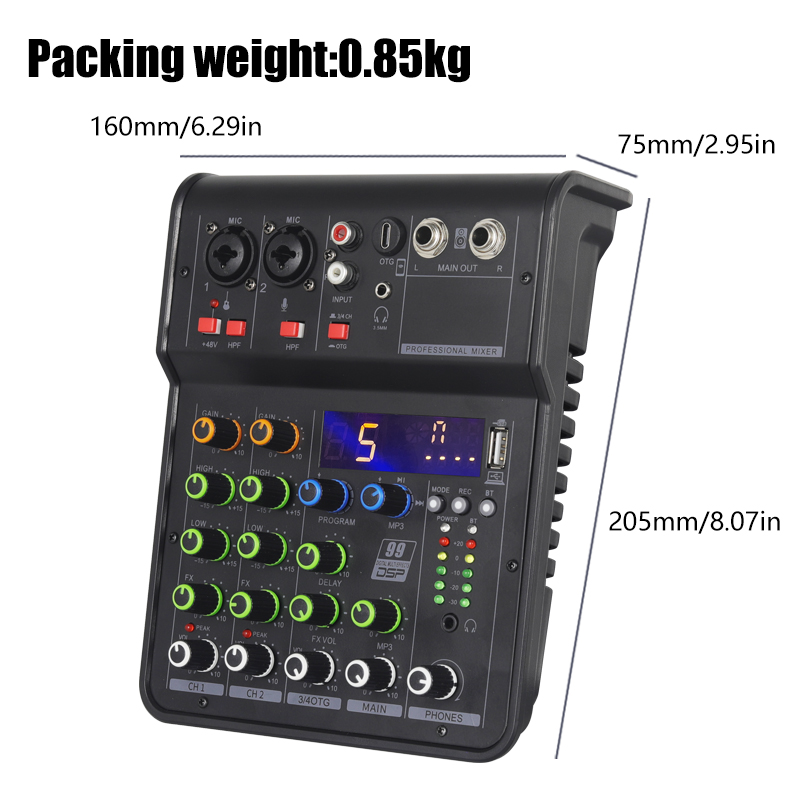 Professional Audio Mixer with equalizer 4-Channel 48V USB for Bluetooth ...