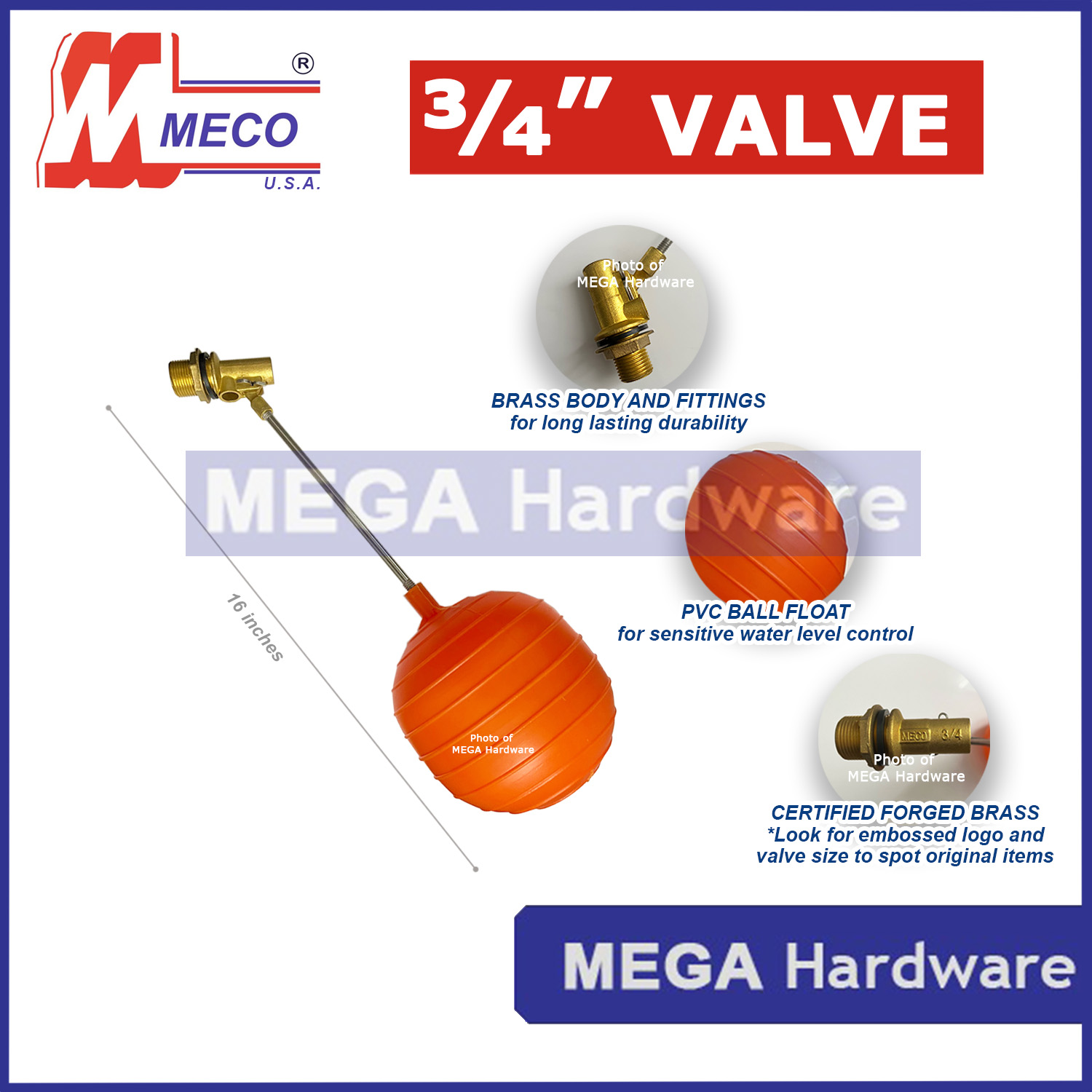 MECO Forged Brass Float Valve (1/2", 3/4", 1") Fittings / PVC Plastic ...