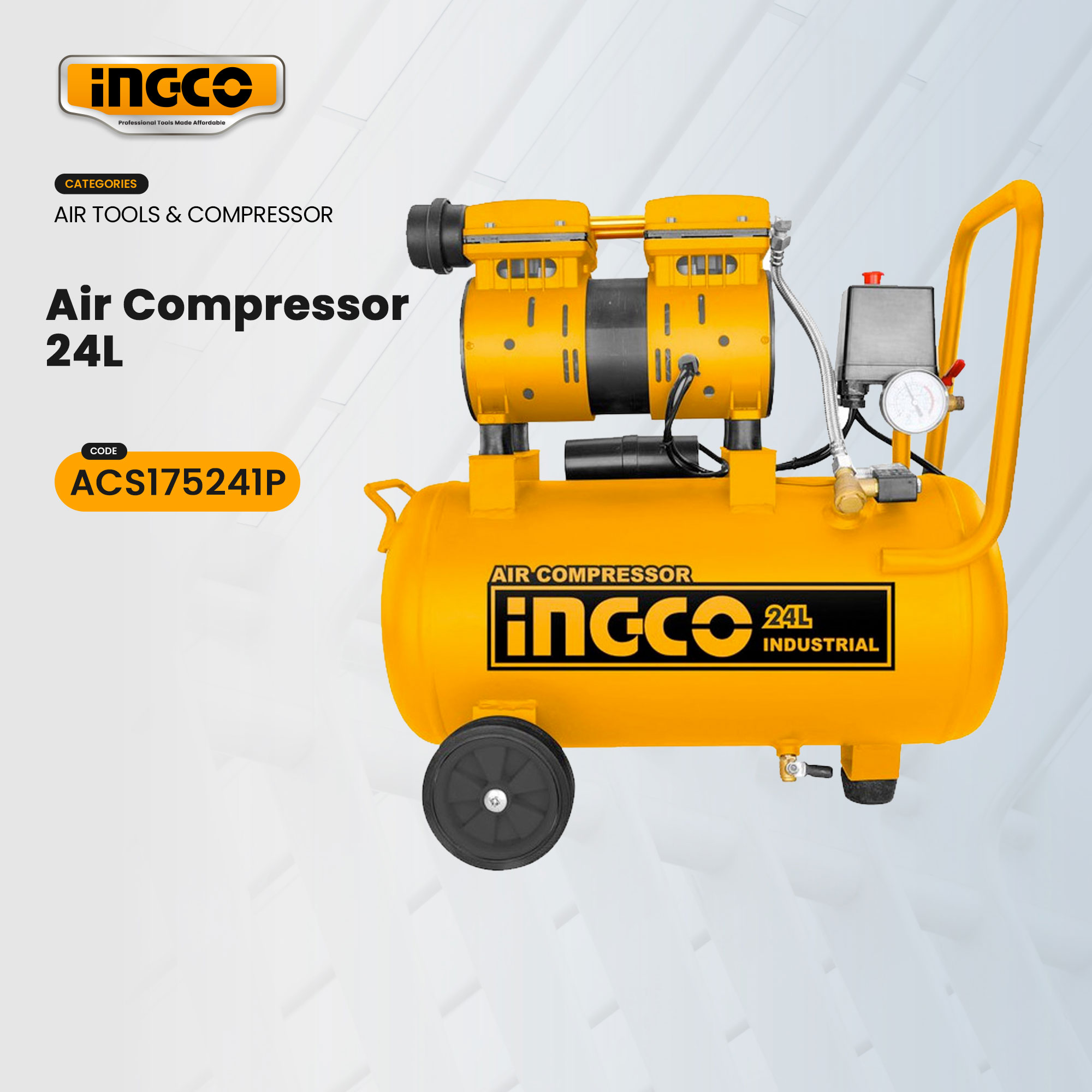 Ingco 1HP 24L Industrial Air Compressor for Air Tools Oil-Free System ...