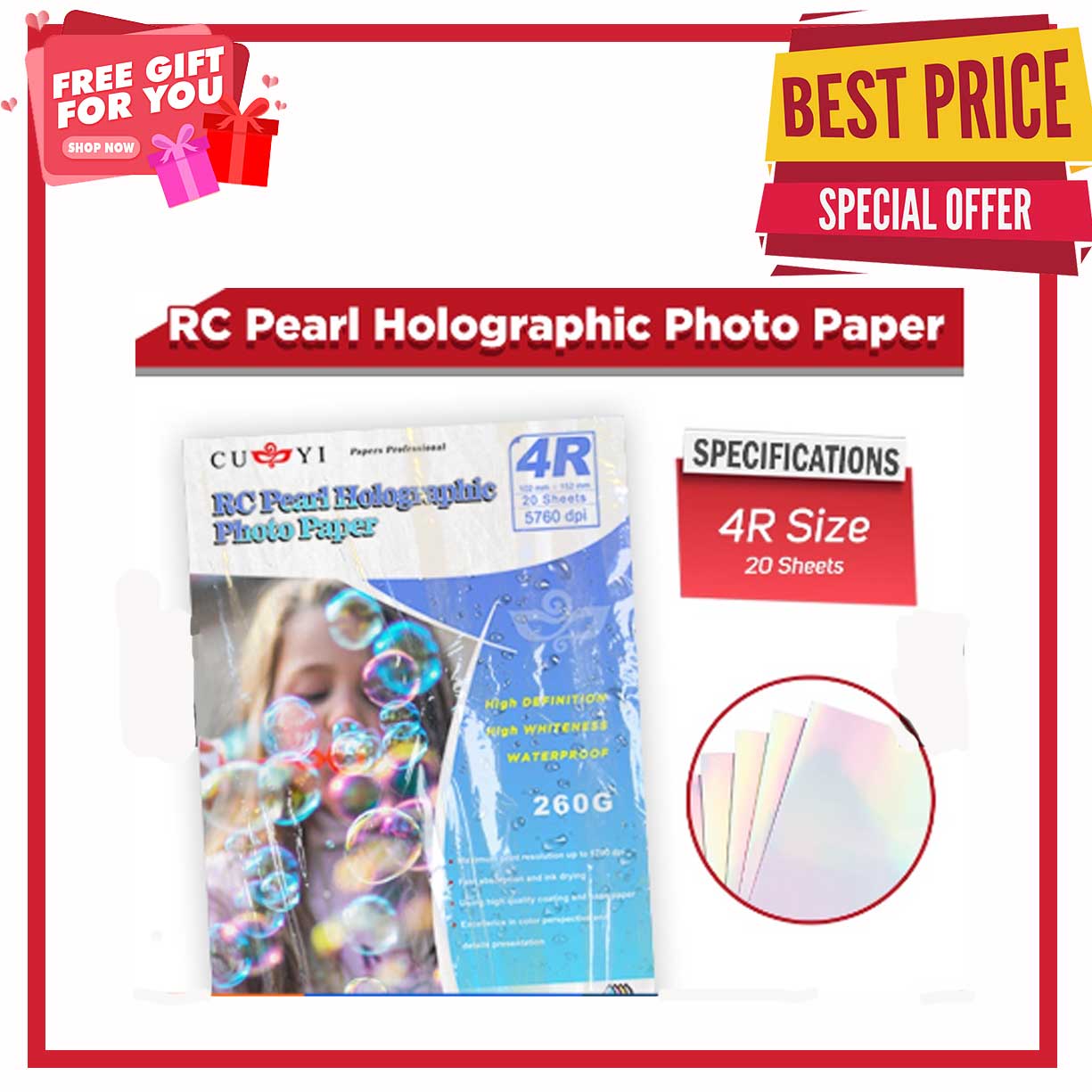 (1 PACK 4R SIZE) RC Pearl Holographic 260 GSM Photo Paper (20 sheets ...